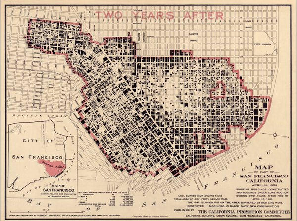 San Francisco, California - 1908 Fire and Reconstruction Map – Battle ...