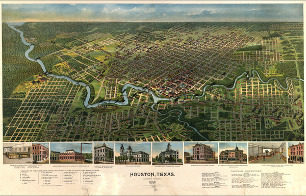 Houston, Texas – 1891 Bird’s Eye View City Map – Battle Archives